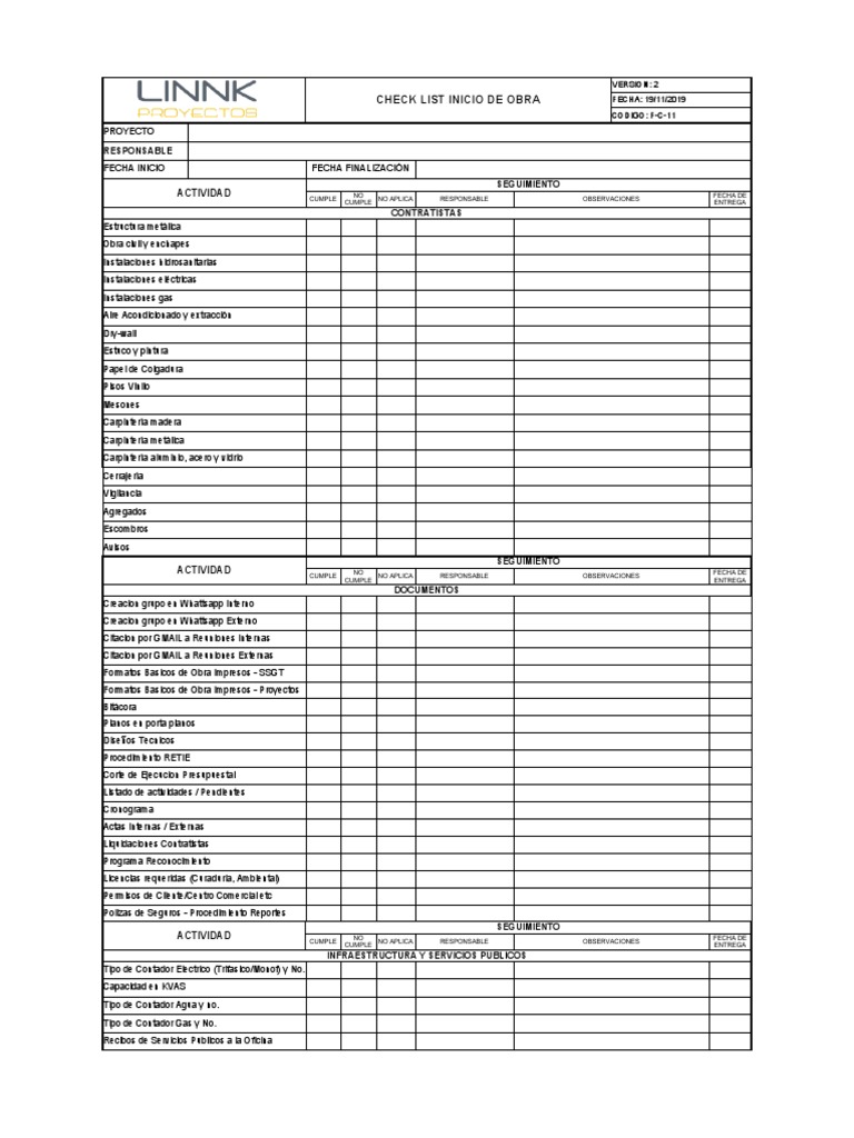F-C-11 CheckList Inicio Obra | PDF | Materiales | Materiales de construcción