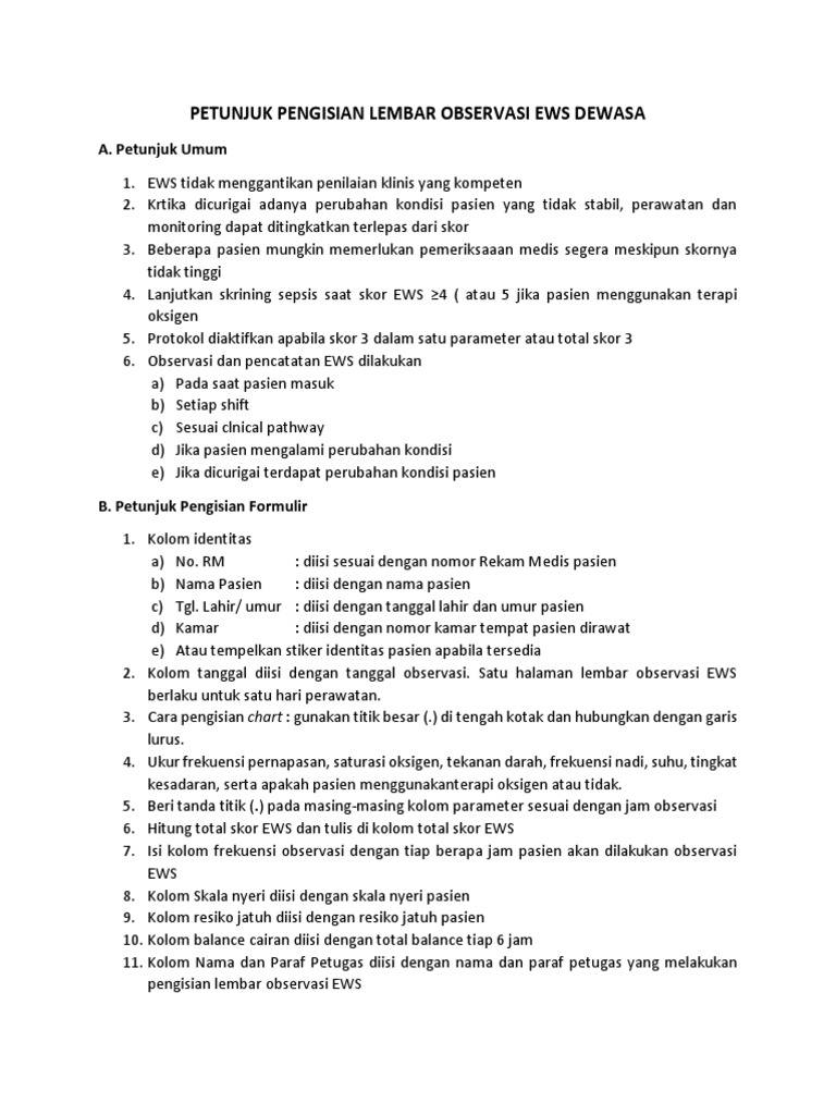 Petunjuk Pengisian Lembar Observasi Ews Dewasa | PDF