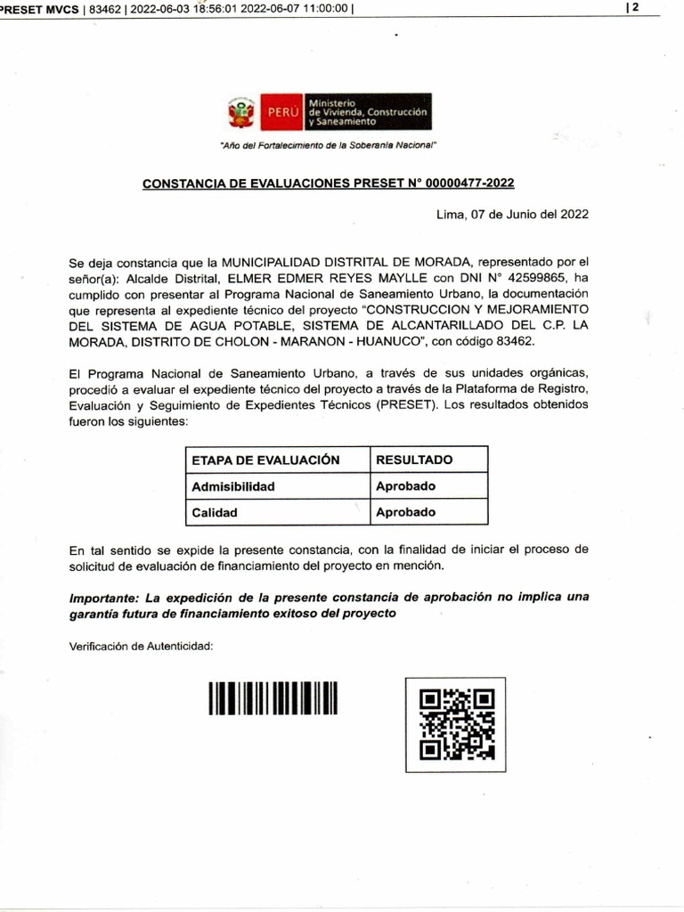 Constancia de Evaluacion Preset #0000477-2022 | PDF