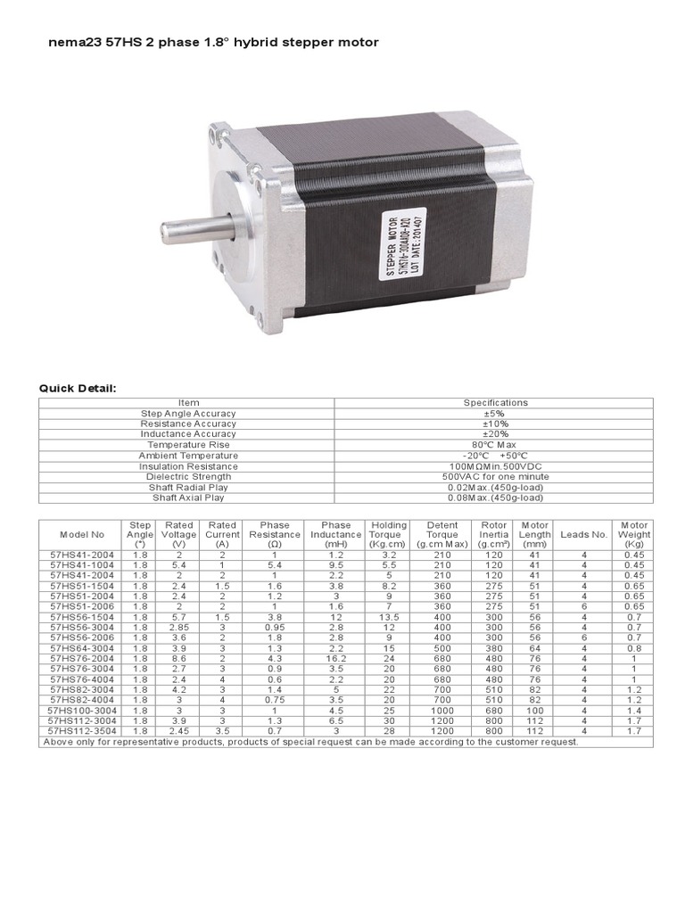 Nema23 57HS 2 Phase 1.8° Hybrid Stepper Motor: Quick Detail | PDF ...