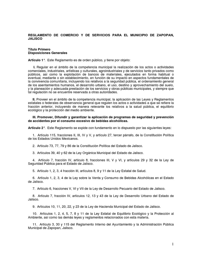Reglamento De Comercio Y Servicios Del Ayuntamiento De Zapopan Pdf
