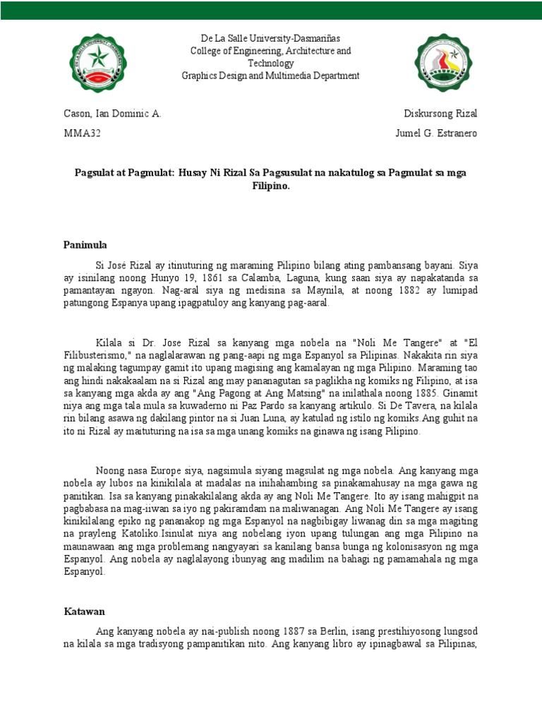 Pagsulat at Pagmulat Husay Ni Rizal Sa Pagsusulat Na Nakatulog Sa ...