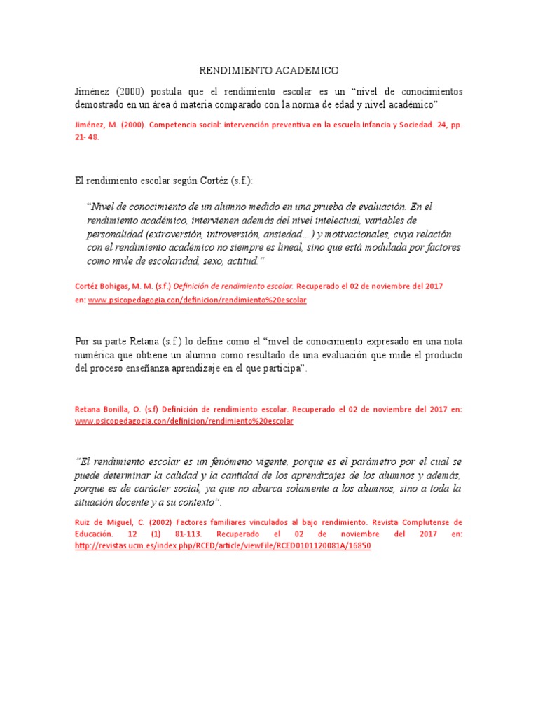 Definiciones de Rendimiento Academico Segun Autores (Proyecto Inv) | PDF
