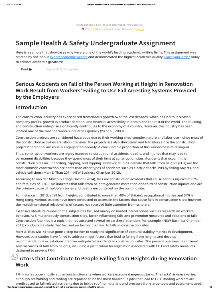 Sample Health & Safety Undergraduate Assignment - Research Prospect ...