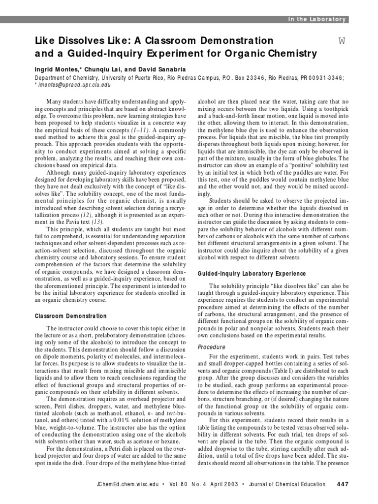 Like Dissolves Like: A Classroom Demonstration and A Guided-Inquiry ...