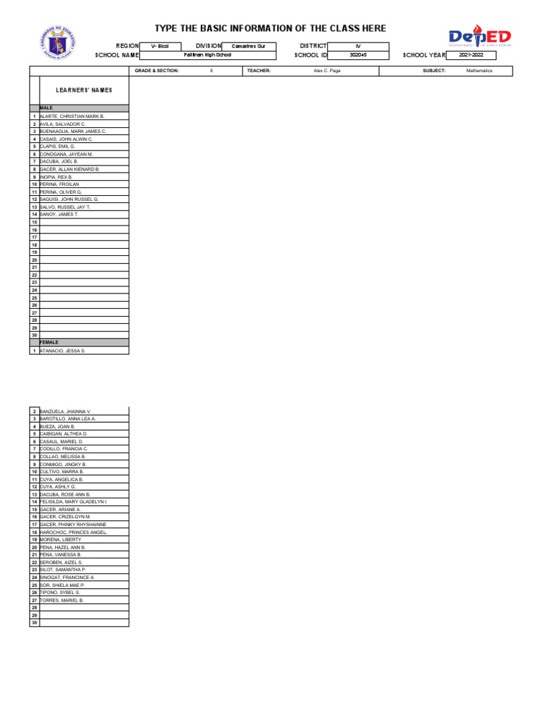E Class Record 2021 2022 Math 8 | PDF | Mathematics | Science