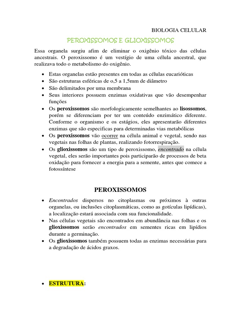 Peroxissomos e Glioxissomos | PDF | Célula (Biologia) | Membrana celular