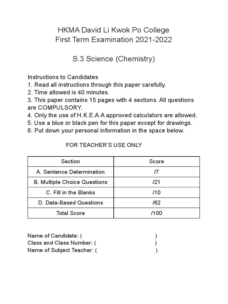 S3 Chemistry First Term Exam Mock | PDF | Salt (Chemistry) | Chemical ...