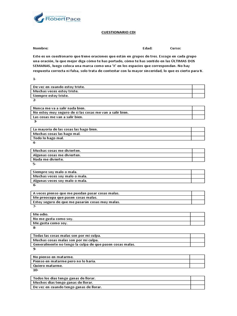 Cuestionario de Depresión Infantil CDI | PDF
