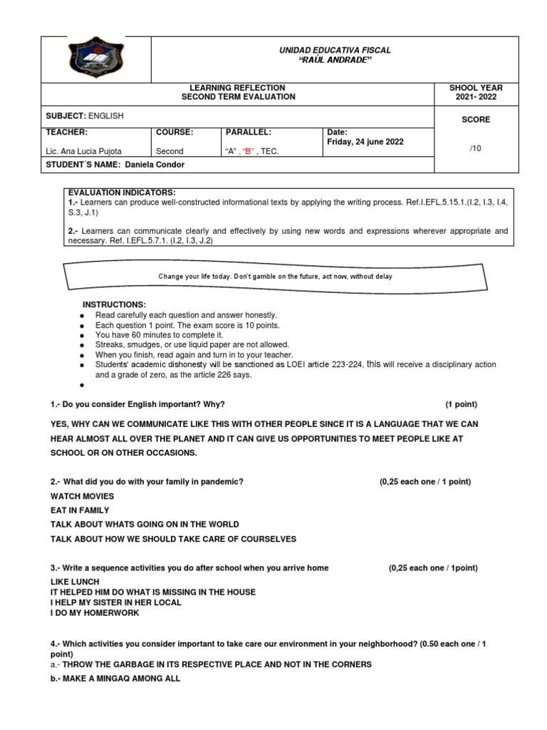 Daniela Condor 2B English 2 Quim Exam 2bach | PDF | English As A Second Or Foreign Language ...
