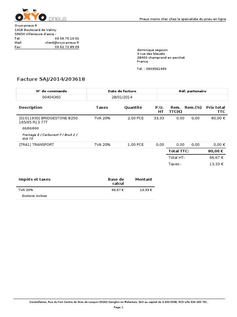 Facture SAJ/2014/203618: #De Commande Date de Facture Réf. Partenaire | Descargar gratis PDF ...
