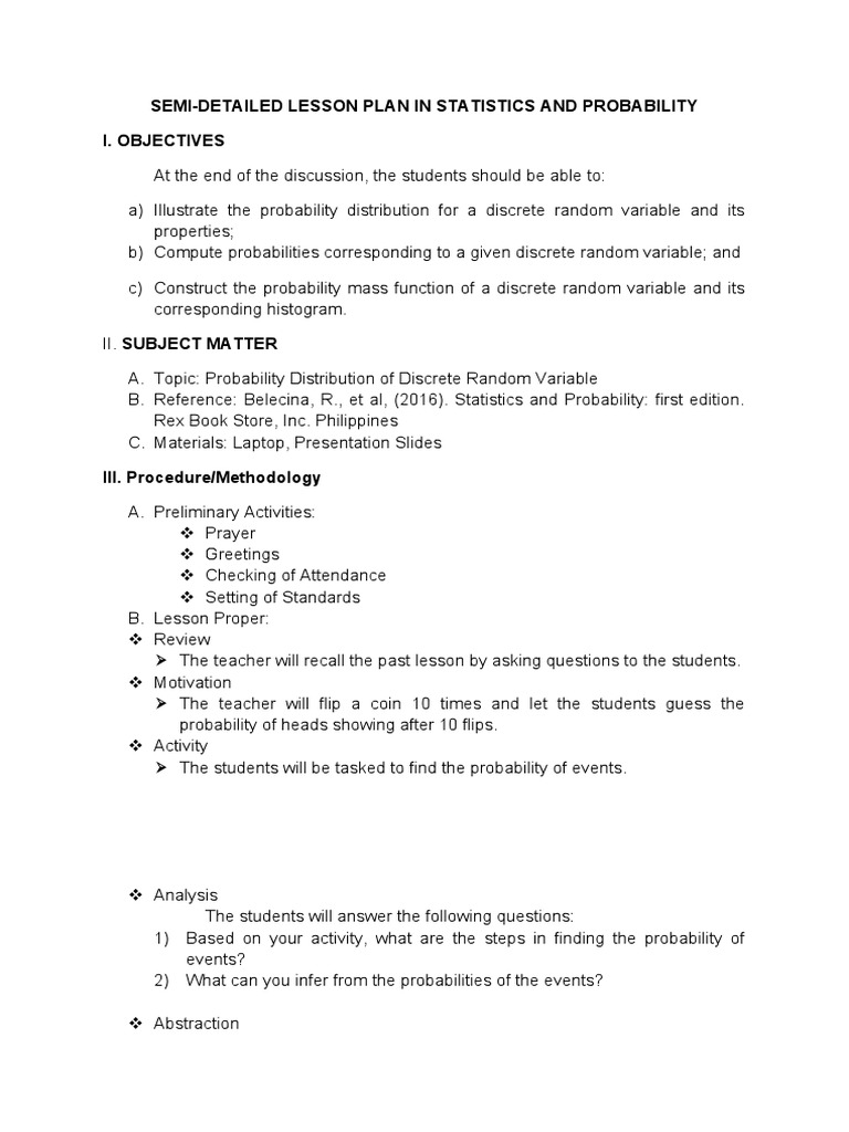 Semi-Detailed Lesson Plan in Statistics and Probability I. Objectives ...