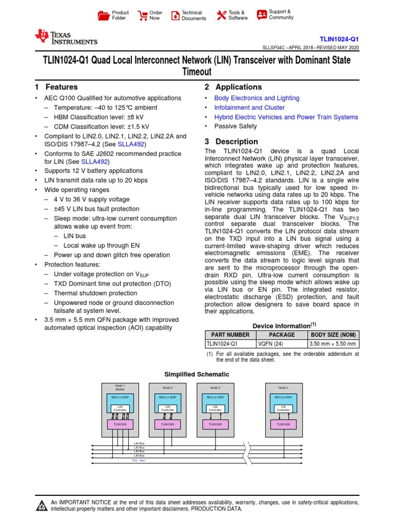 TLIN1024-Q1 Quad Local Interconnect Network (LIN) Transceiver With Dominant State Timeout | PDF ...