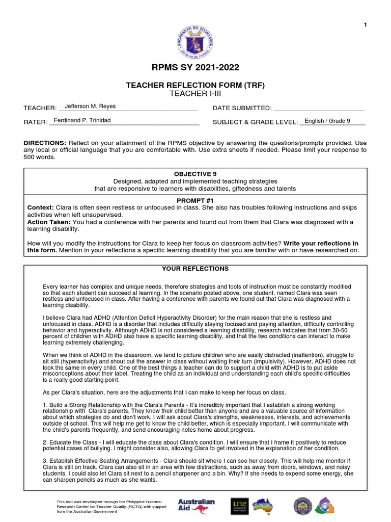 RPMS Teacher Reflection Form | PDF | Attention Deficit Hyperactivity ...