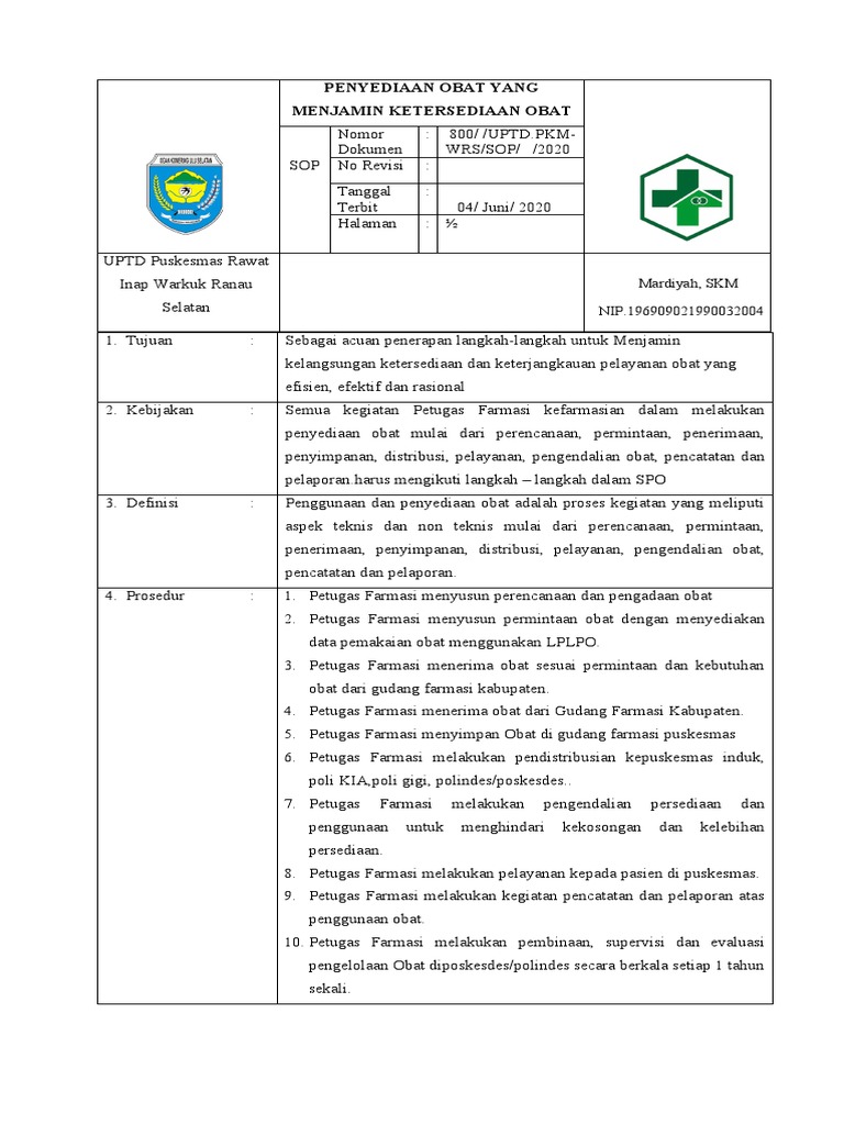 (Apotik) 8.2.1.4 SOP Penyediaan Obat Yang Menjamin Ketersediaan Obat | PDF