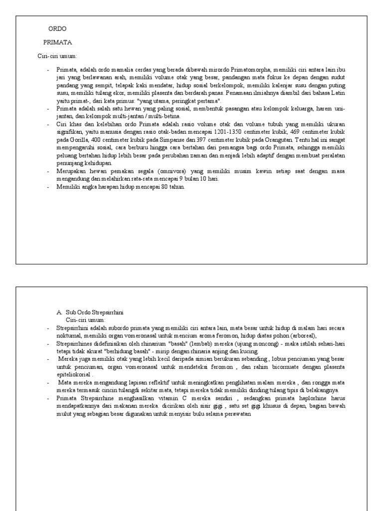 Ciri dan Klasifikasi Primata | PDF