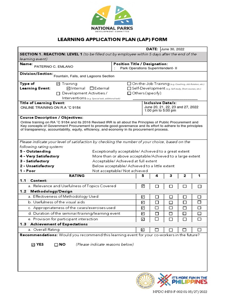 Learning Application Plan (Lap) Form | PDF | Human Resources | Learning
