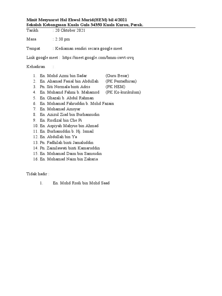 Minit Mesyuarat HEM Bil.4 2021 | PDF