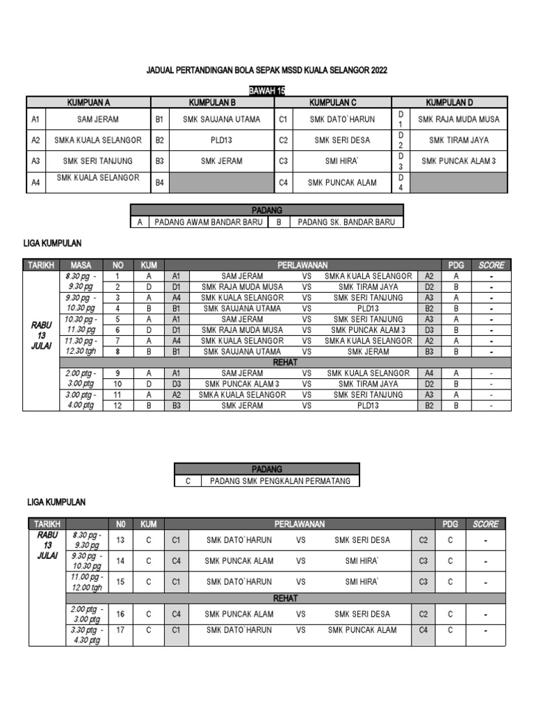 Jadual Pertandingan Bola Sepak MSSD Kuala Selangor 2022 (Menengah) | PDF