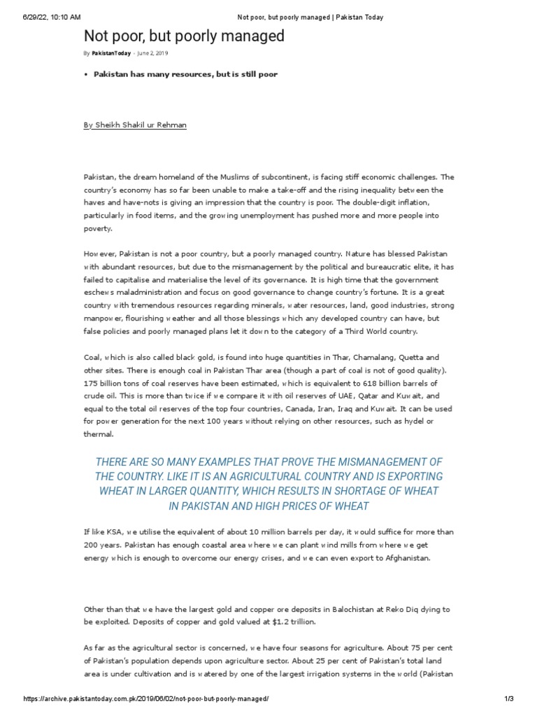 Not Poor, But Poorly Managed - Pakistan Today | PDF | Pakistan ...