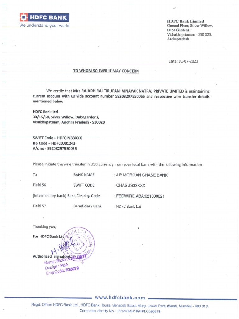 RTVNPL HDFC Intermediary Bank Ac Details | PDF