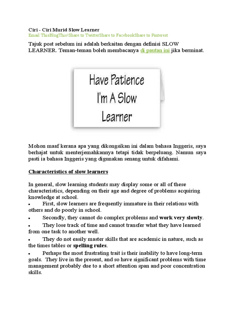 Ciri Ciri Murid Slow Leaner | PDF | Learning Disability | Learning