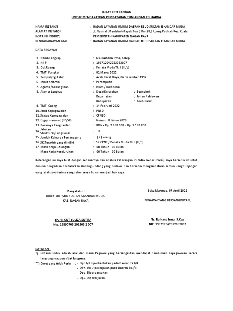 Surat Keterangan Tunjangan Keluarga PNSD | PDF