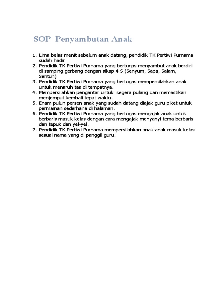 SOP Penyambutan Anak | PDF