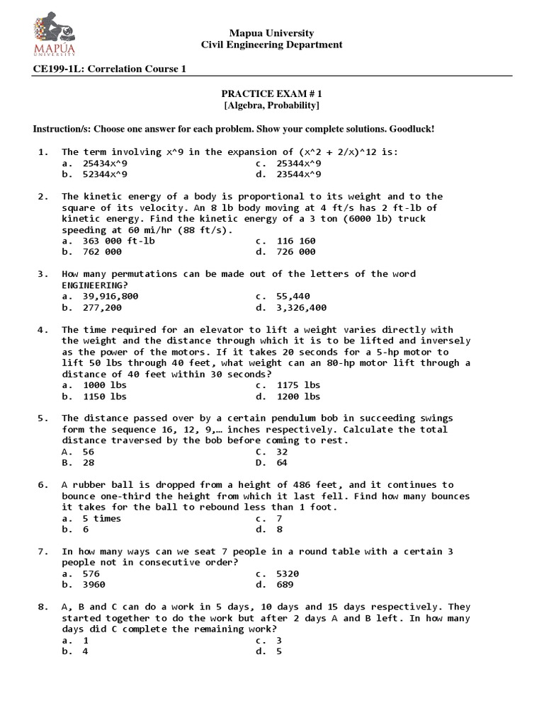 CE199-1L Practice Exam #1 Algebra, Probability Title | PDF | Kinetic ...