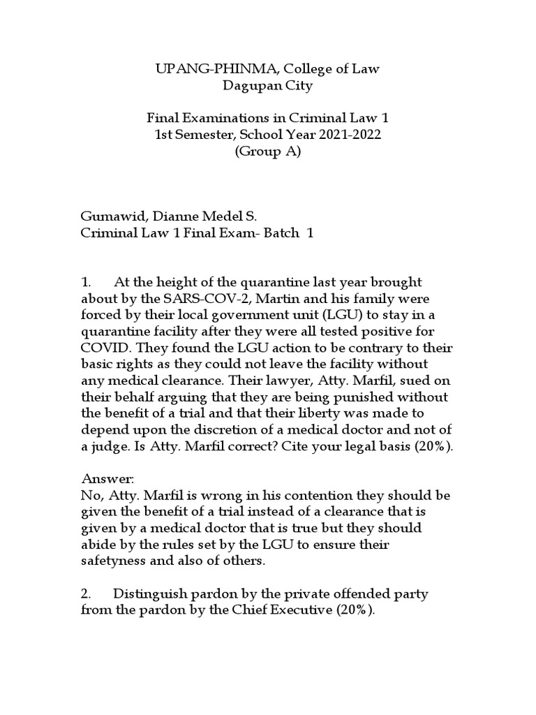 Criminal Law 1 Final Exam Guidelines | PDF | Fine (Penalty) | Crimes