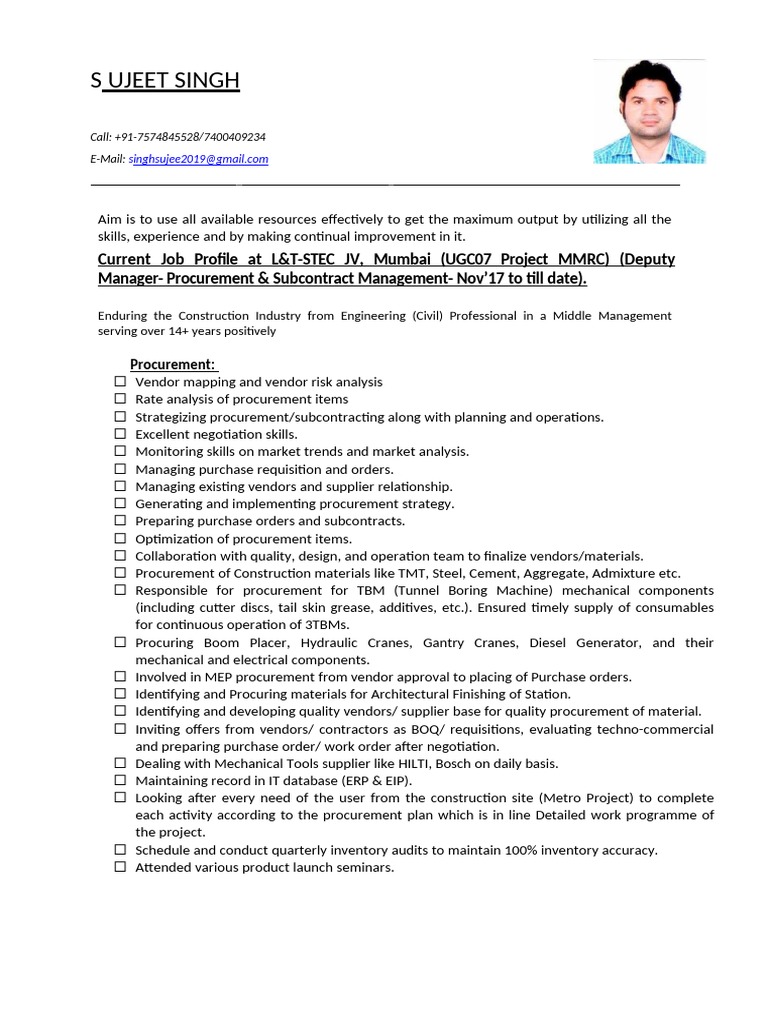 RESUME - SUJEET SINGH - MANAGER - Commercial - 15 Years - AFCON | PDF | Procurement | Economies
