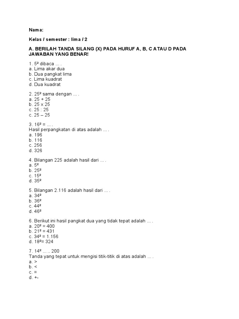 Soal MTK Kls 5 Pangkat 3 | PDF