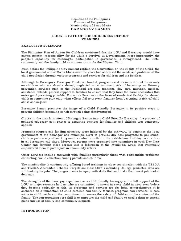 Barangay Samon Local State of The Children Reports Year 2021 | PDF ...