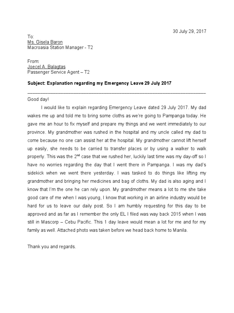Subject: Explanation Regarding My Emergency Leave 29 July 2017 | PDF ...