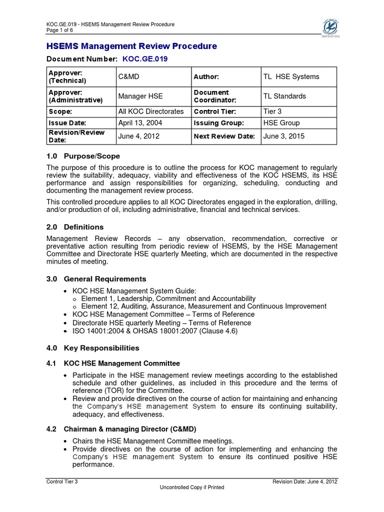 HSEMS Management Review Procedure | PDF | Business