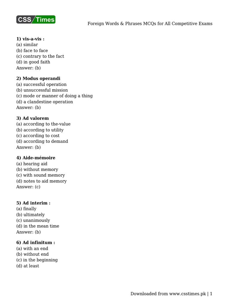 Foreign Words MCQs for Exams | PDF | English Grammar | English Language