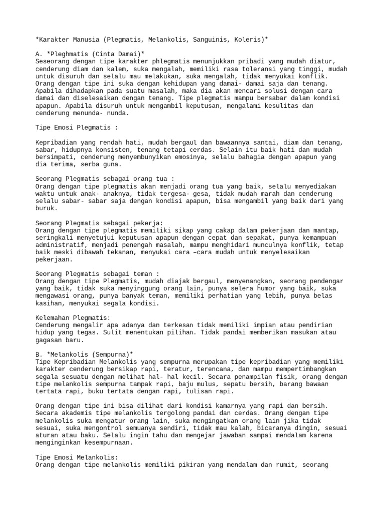 Karakter Manusia (Plematis, Melankolis, Sanguinis, Koleris) | PDF