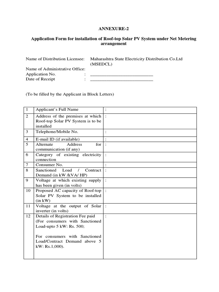 MSEDCL Rooftop Solar Application Form | PDF | Photovoltaic System ...