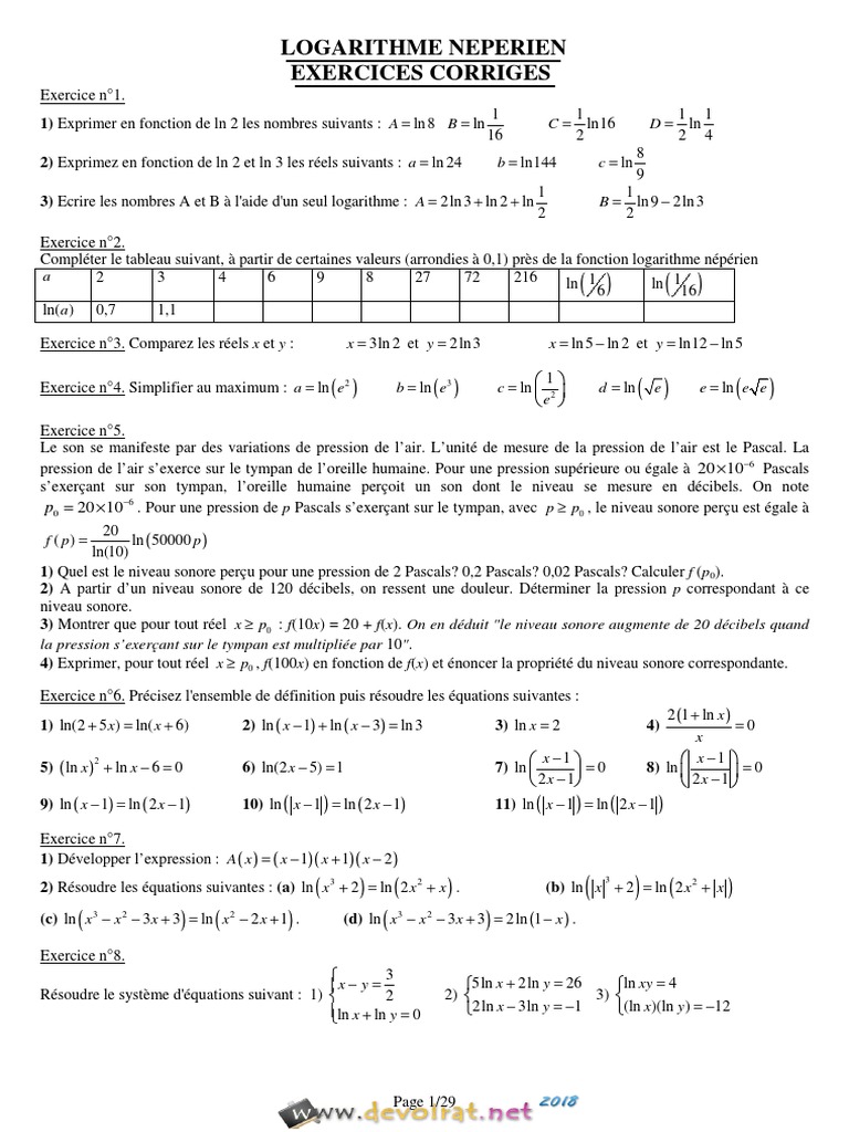 Série Exercices Corrigés Logarithme Népérien Du Bac Math Tunisie | PDF | Courbe | Intégral