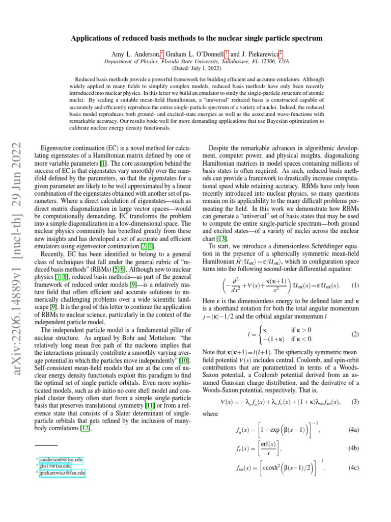 Applications Of Reduced Basis Methods To The Nuclear Single Particle Spectrum Pdf