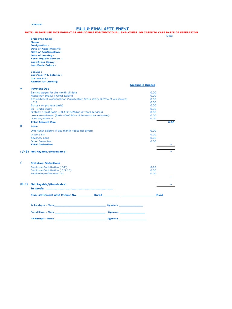 Full & Final Settlement Format Template | PDF | Salary | Payroll
