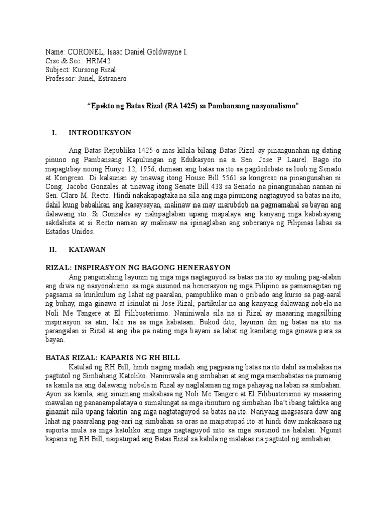 Epekto NG Batas Rizal (RA 1425) Sa Pambansang Nasyonalismo | PDF