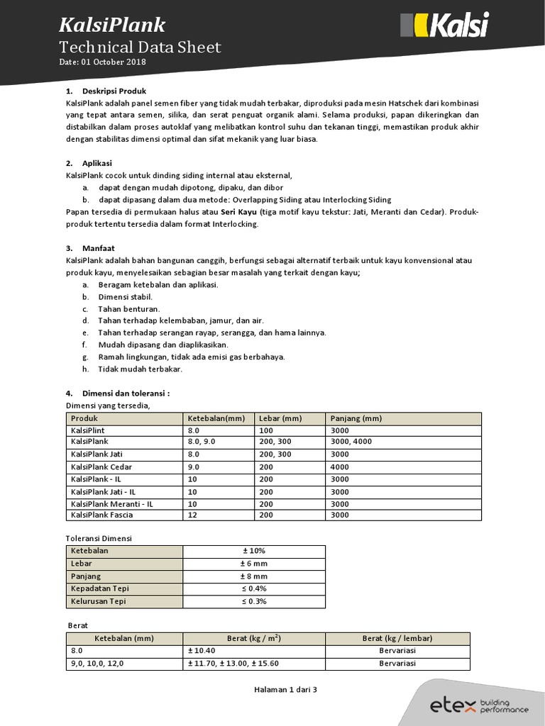 Tds Kalsiplank Technical Datasheet Id 2018 10 | PDF