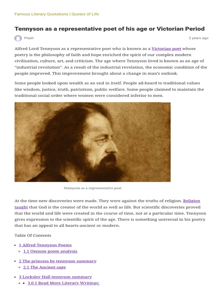 Tennyson As A Representative Poet of His Age or Victorian Period | PDF ...