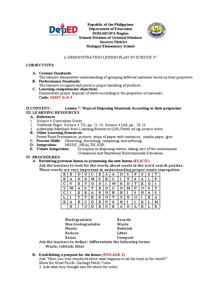 DEMO SCIENCE - Ways of Disposing Materials According To Their Properties | PDF | Waste ...