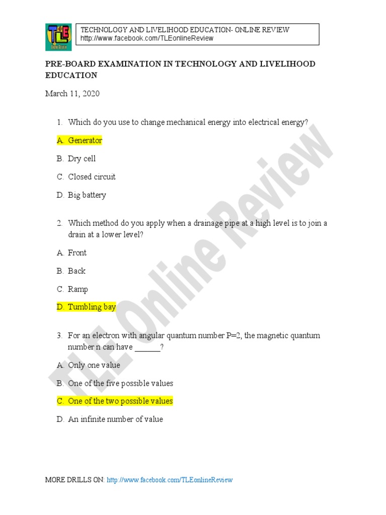 Pre-Board Examination in Technology and Livelihood Education | PDF ...