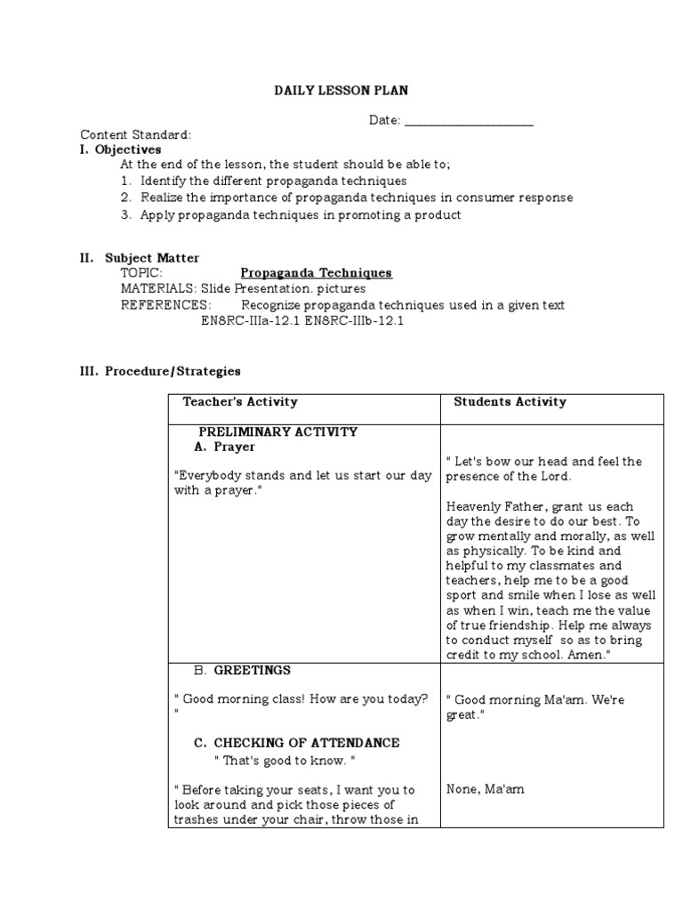 Daily Lesson Plan | PDF | Propaganda | Lesson Plan