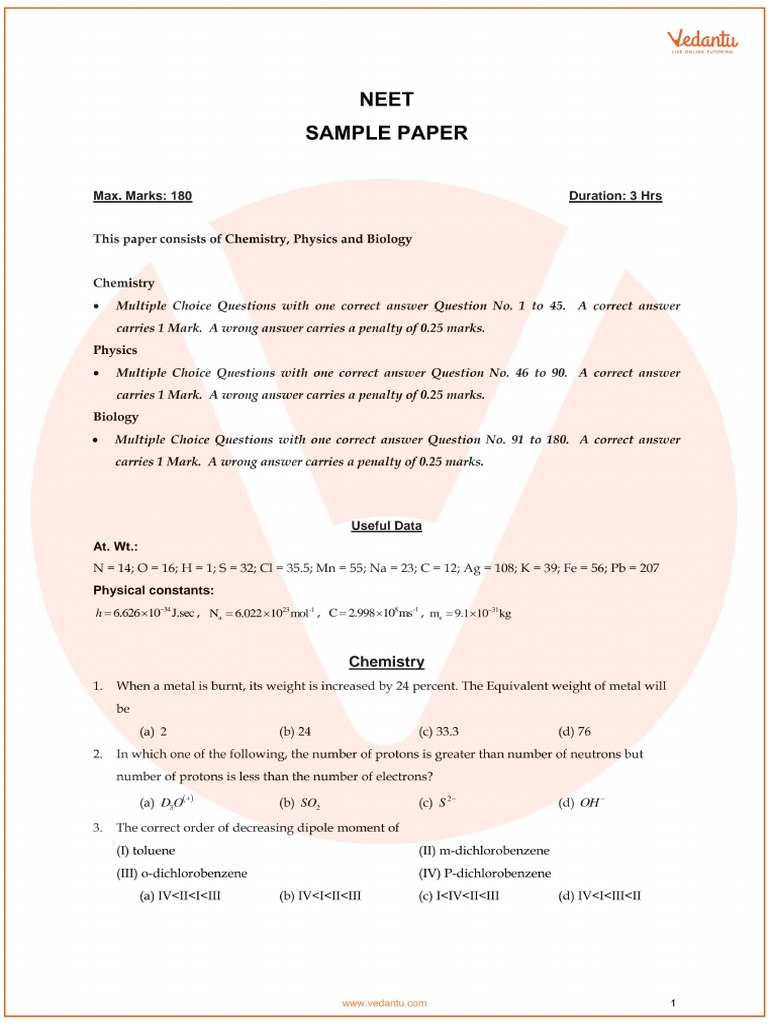 NEET Sample Paper Model-1 | PDF