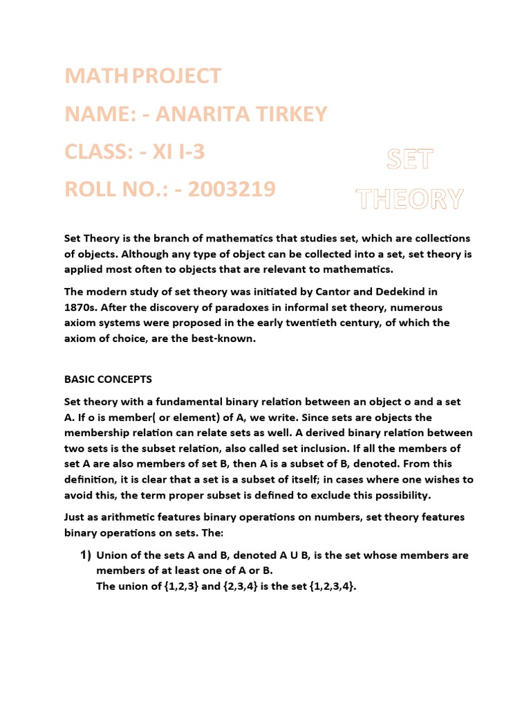 SET Theory: Math Project Name: - Anarita Tirkey Class: - Xi I-3 ROLL NO ...