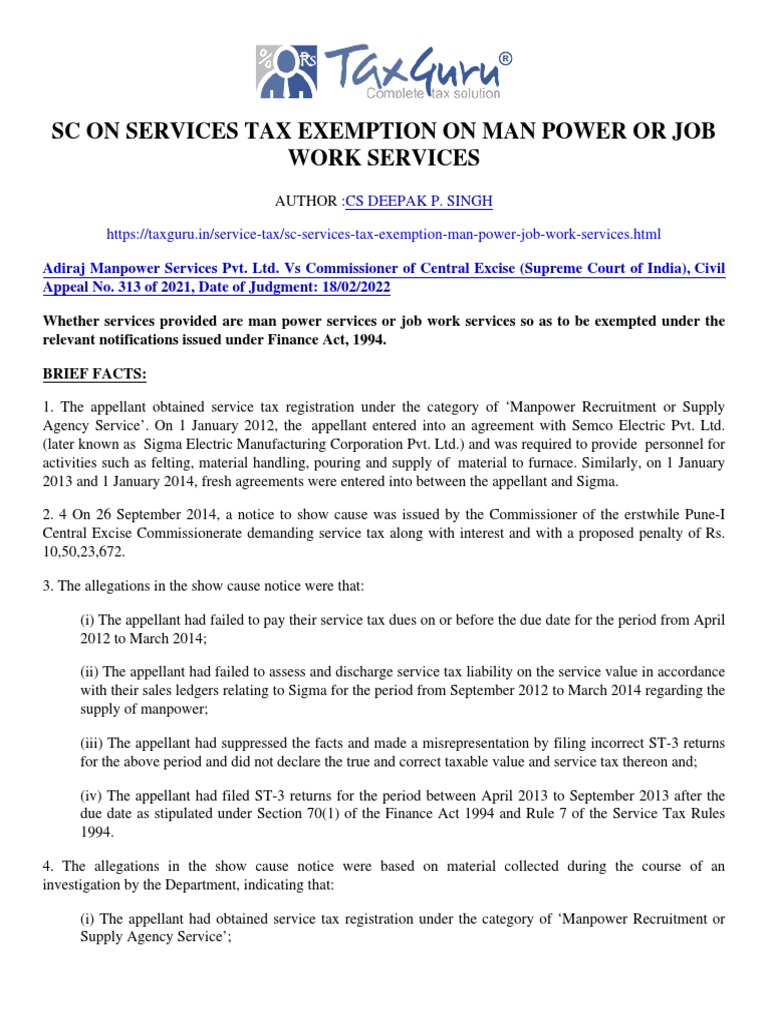 SC Ruling on Manpower Service Tax Exemption | PDF | Judgment (Law ...
